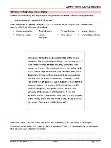 Winter themed Creative Writing Activities KS3 English Teachit