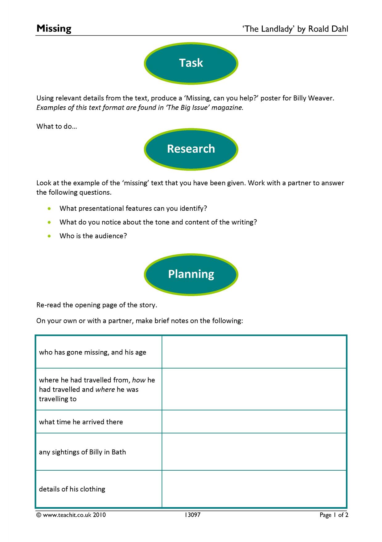 Missing Person Worksheets