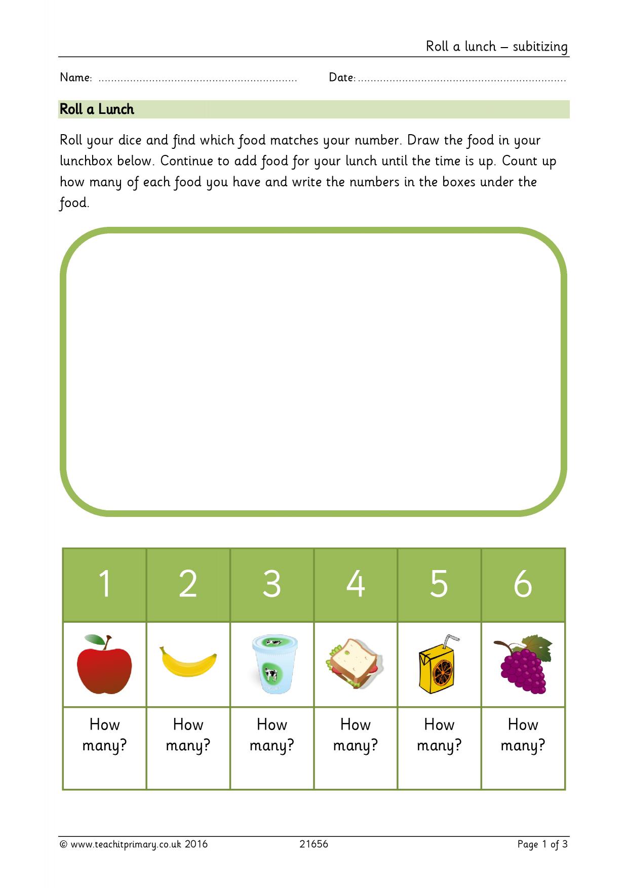 Roll a lunch - subitizing | F numbers | Teachit