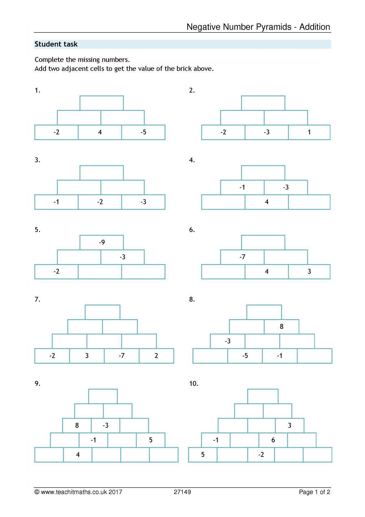 Negative Numbers Addition Pyramids KS3 Maths Teachit
