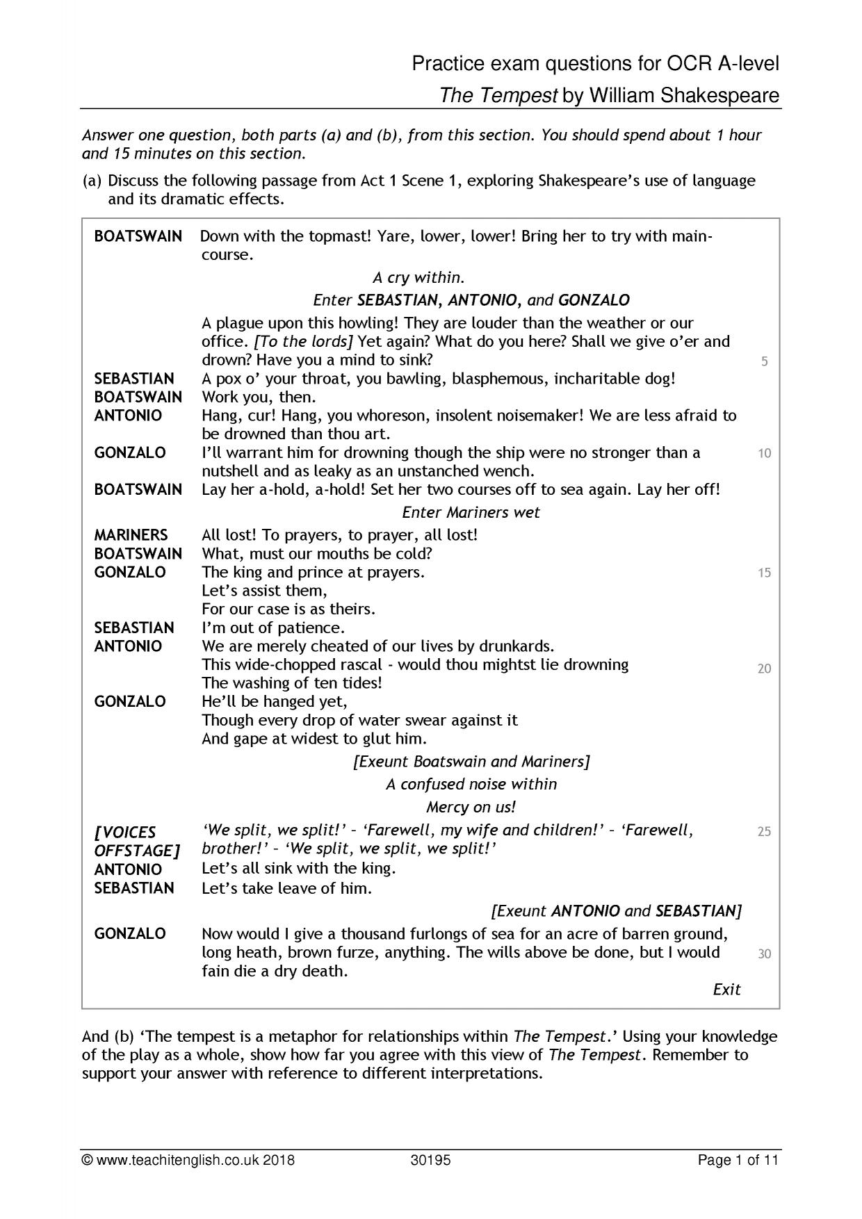 Practice Exam Questions For OCR A level The Tempest KS5 English