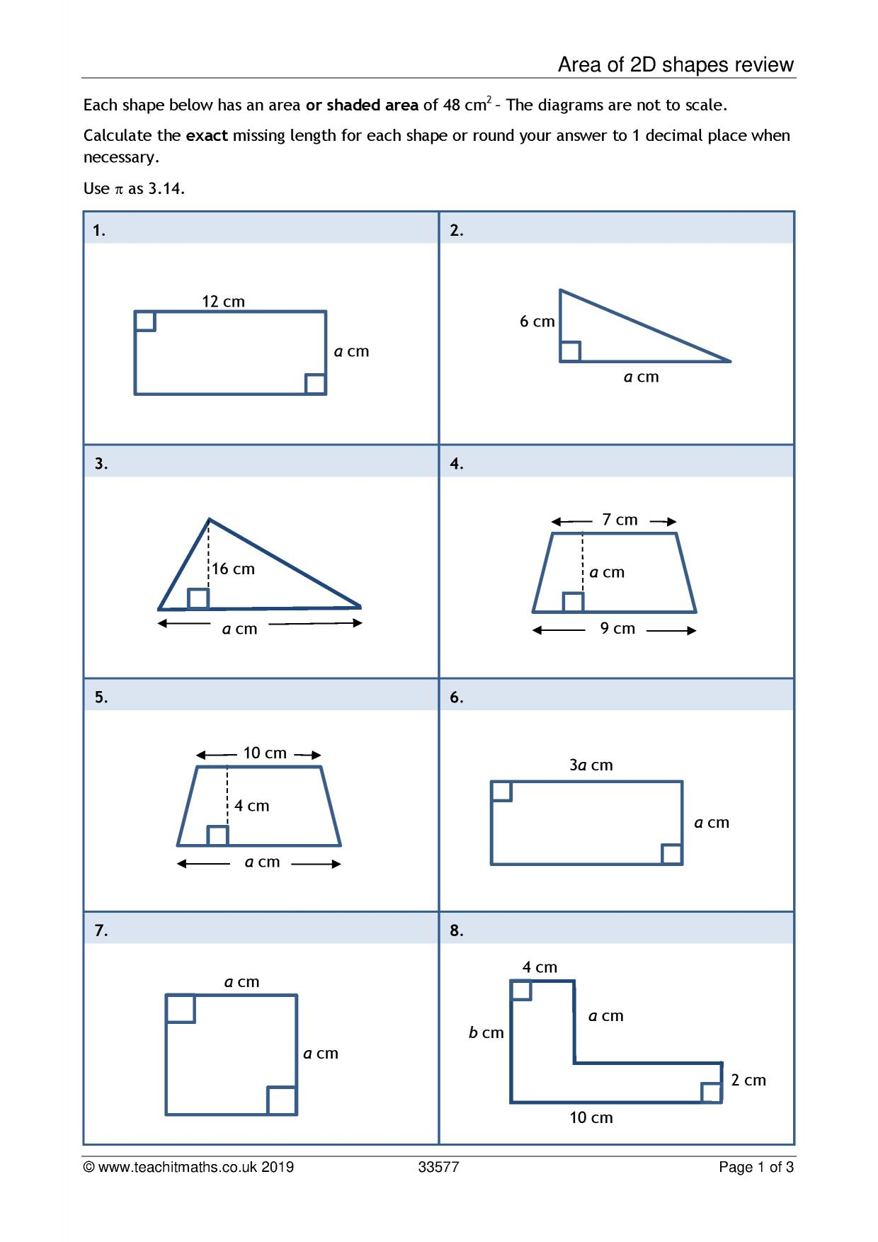 Area Of 2D Shapes Review Worksheet KS3 4 Maths Teachit