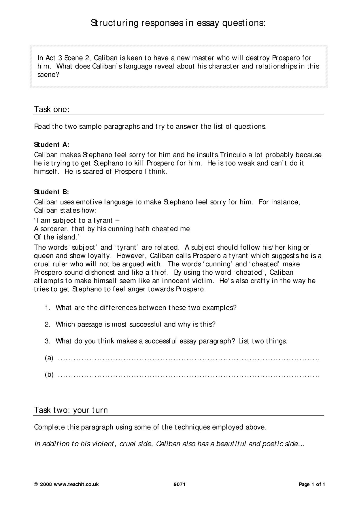 Essay planning | Caliban | The Tempest | KS3 English | Teachit