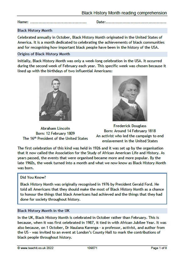 Black History Month Reading Comprehension Comprehension KS2 Teachit Black History Month Reading Comprehension Comprehension KS2 Teachit